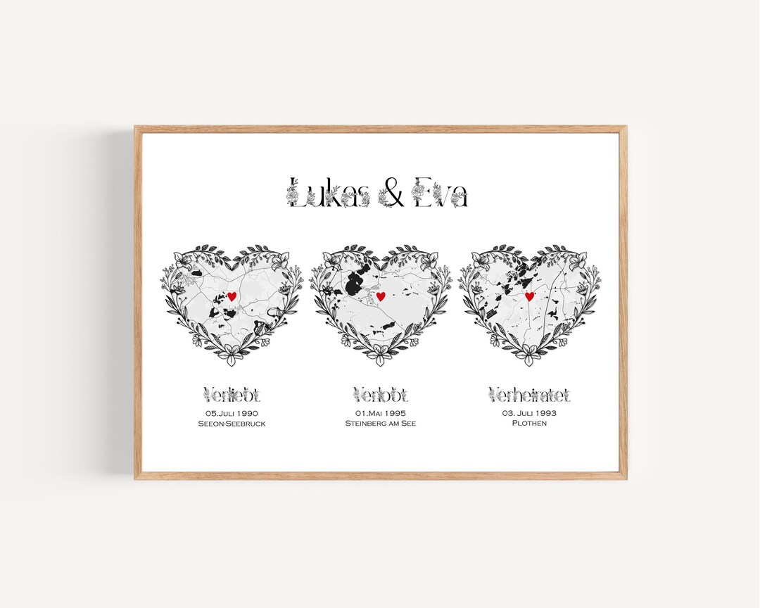 Love Story Map Poster Heart Shape Personalized Map With Red Heart ...