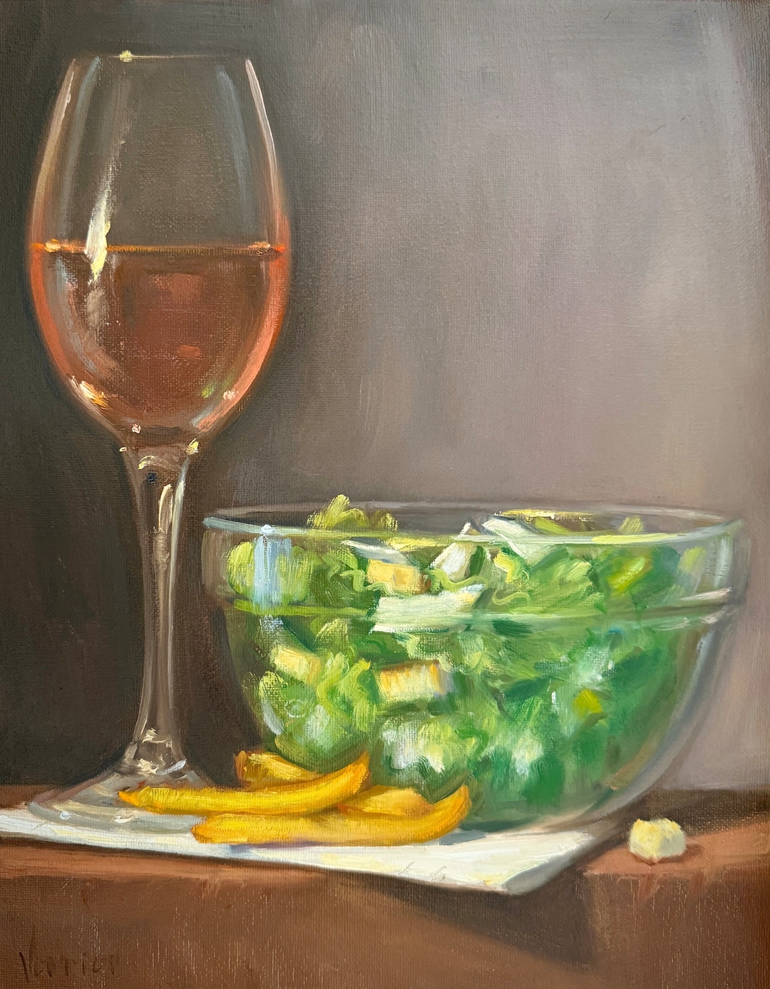 Rosé and Caesar Salad 18x24 - NOAH VERRIER Original Still Life Oil ...