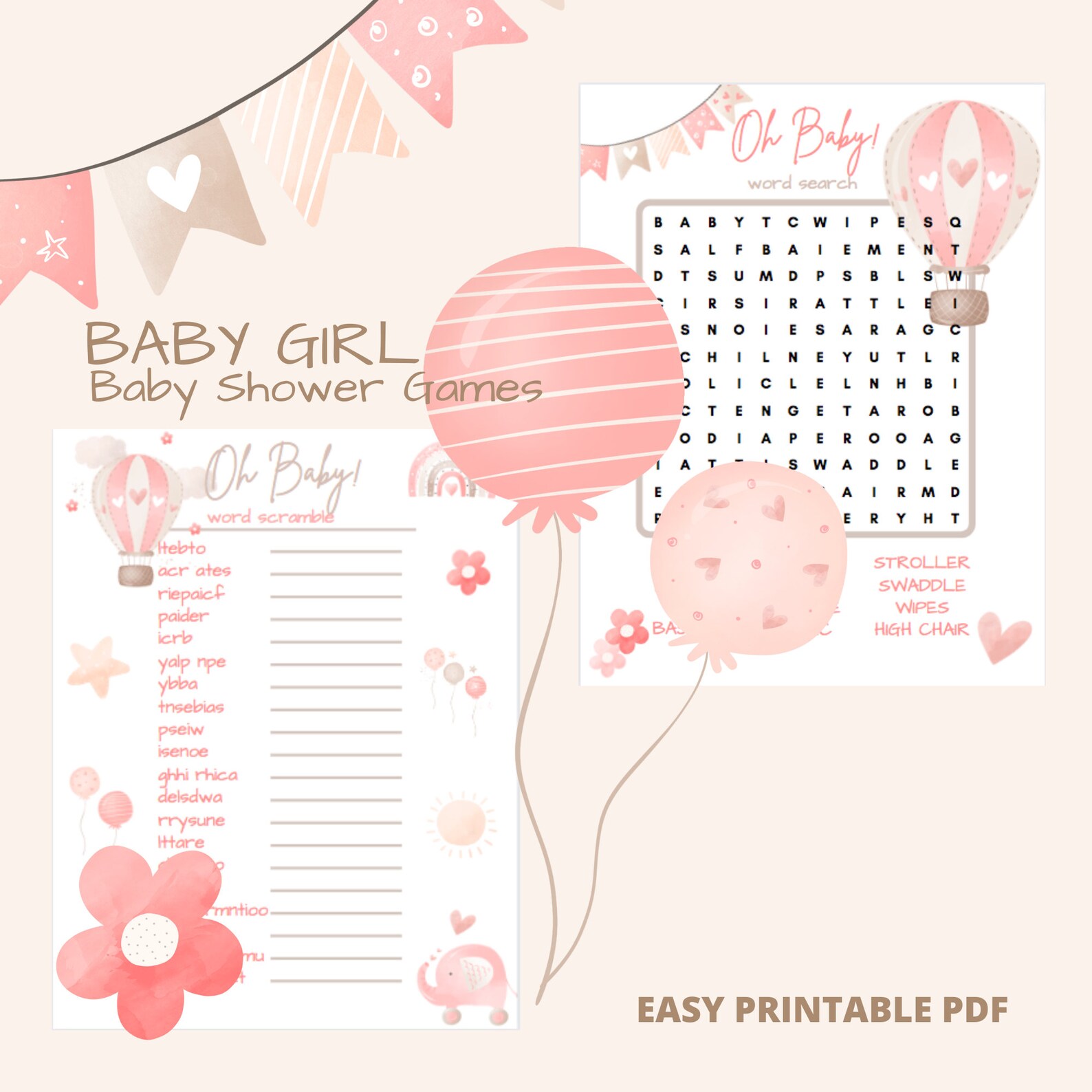 Baby Girl Baby Shower Word Search and Word Scramble Games - Etsy