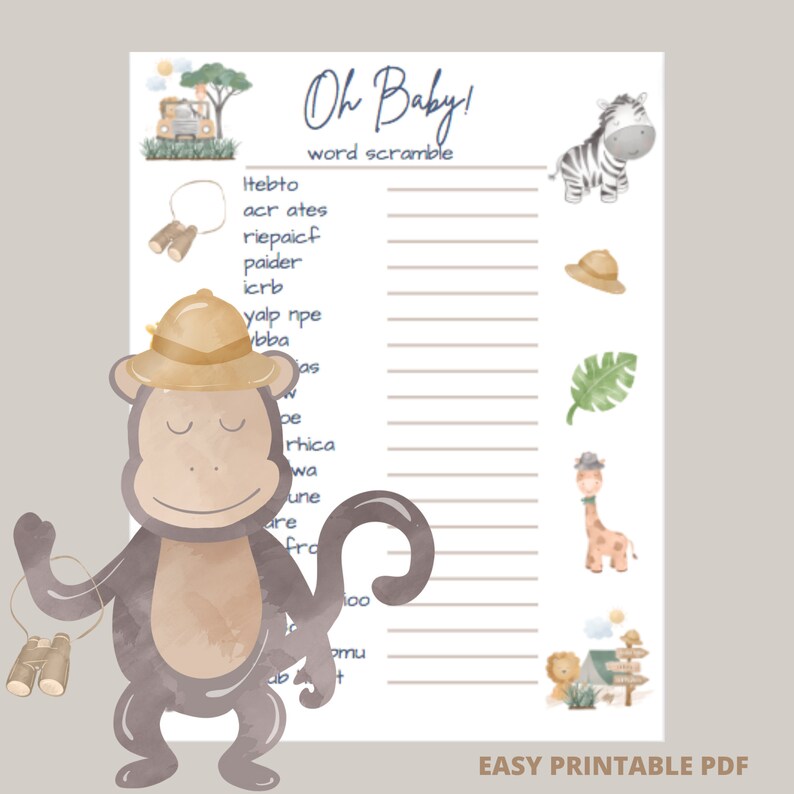 Safari Themed Baby Shower Word Search and Word Scramble Games - Etsy