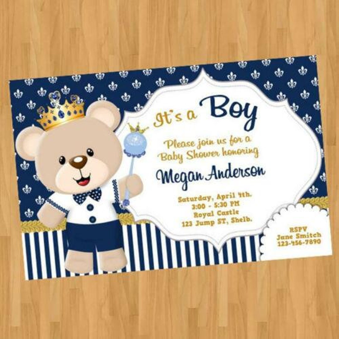 Prince Teddy Bear Baby Shower Digital Invitation, Teddybear Invite ...