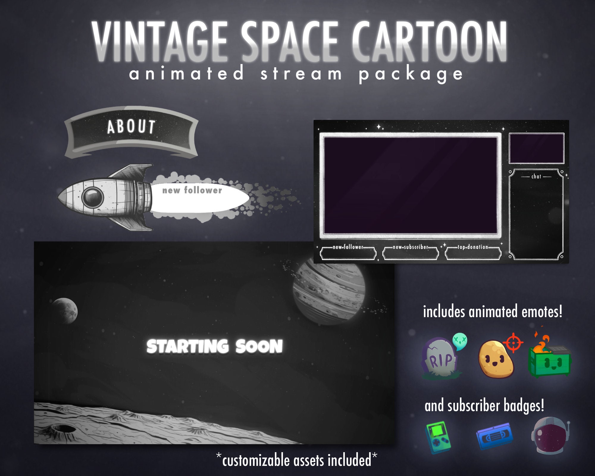 Vintage Space Cartoon Stream Package | Animated | Overlay, Screens ...