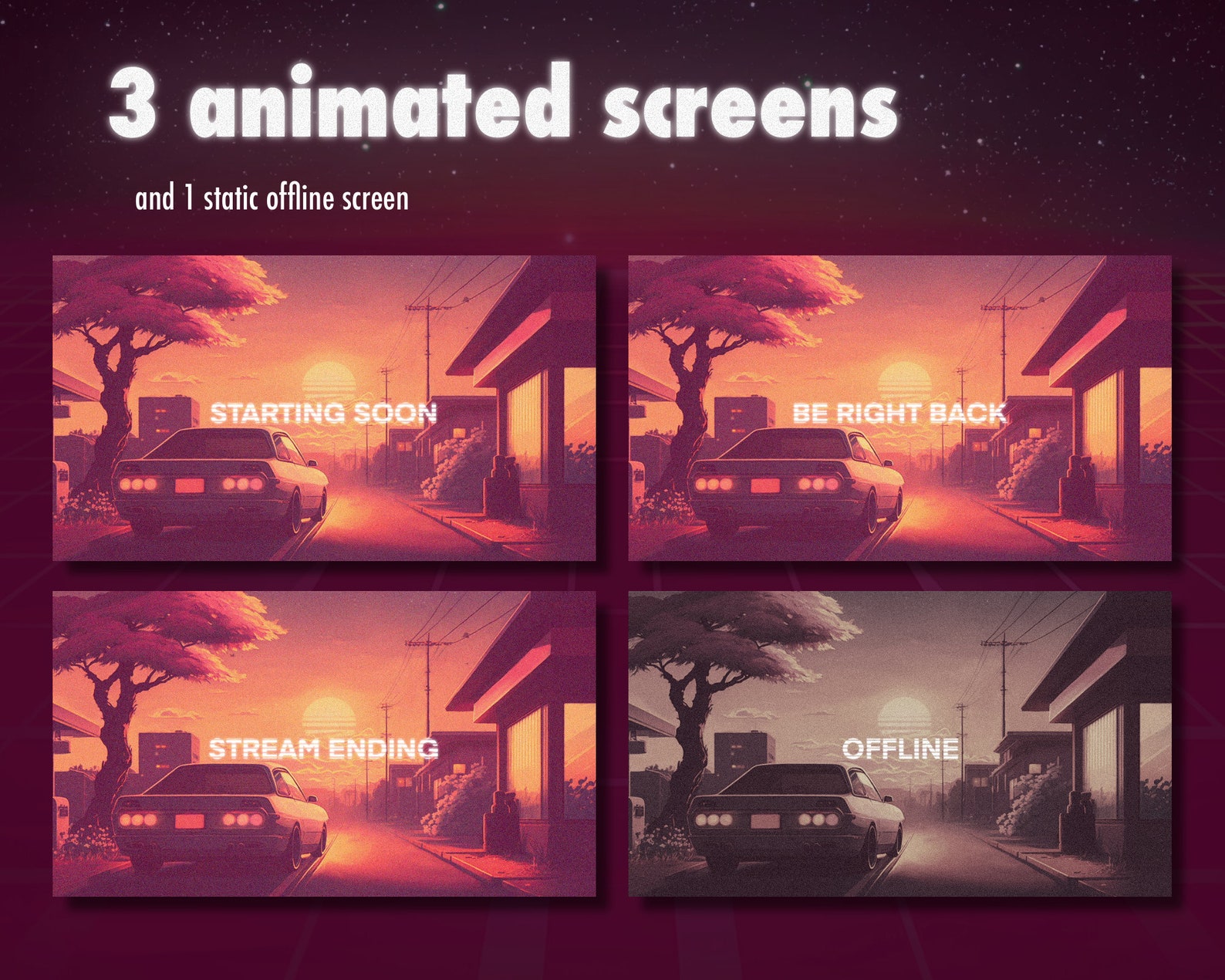 Retro Lofi Sunset Stream Package Animated Overlay, Screens, Panels ...