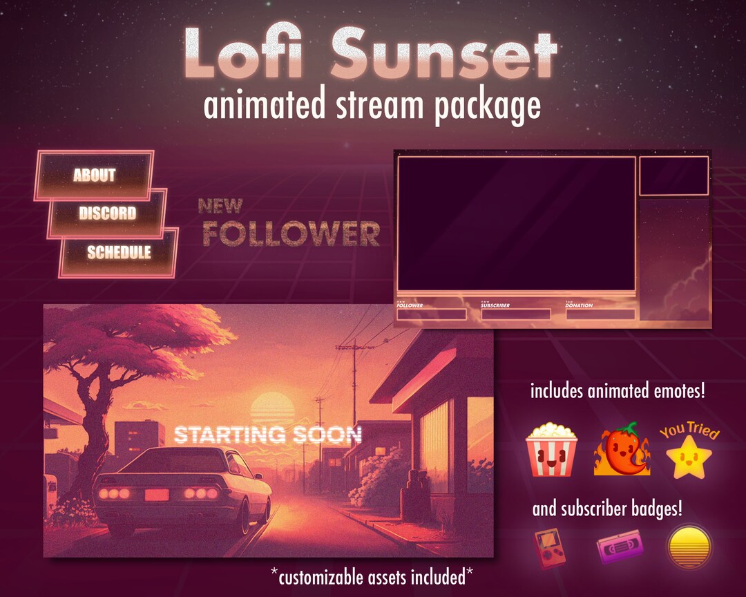 Retro Lofi Sunset Stream Package | Animated | Overlay, Screens, Panels ...