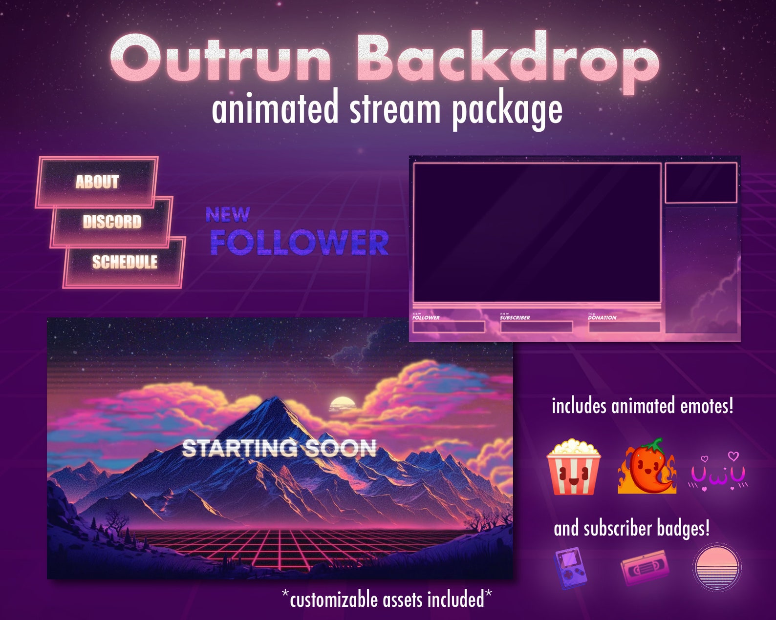 Retro Outrun Backdrop Stream Package Animated Overlay, Screens, Panels ...