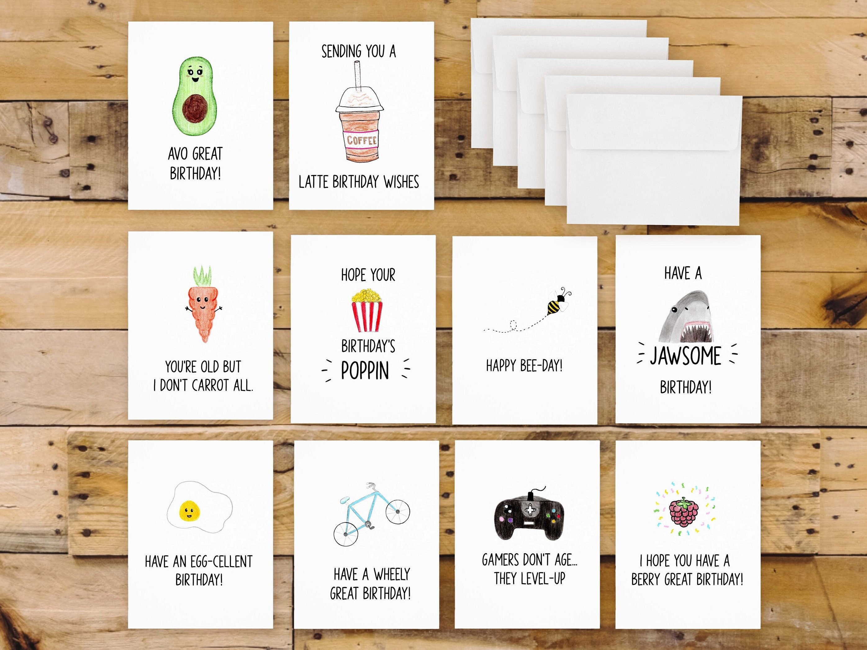 Hand Drawn Pun Funny Birthday Cards (10 Pack of Cards, Birthday Card ...
