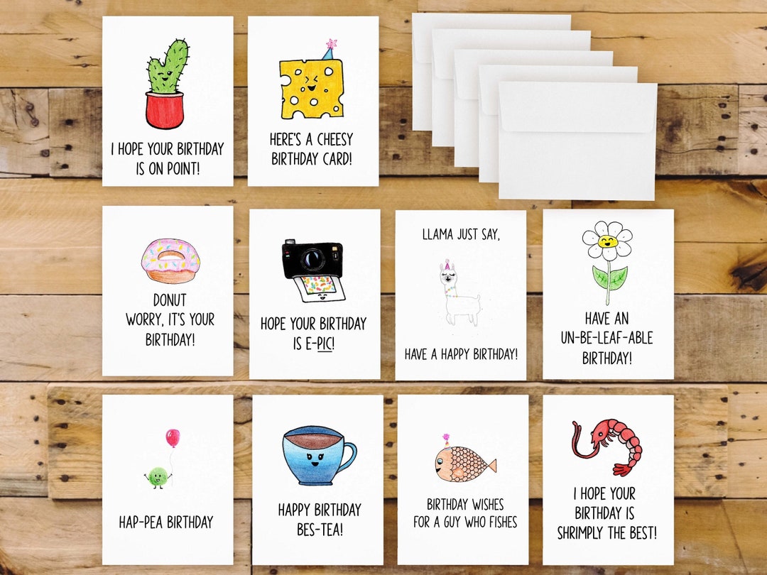 Hand Drawn Pun Funny Happy Birthday Cards (10 Pack of Cards, Birthday ...