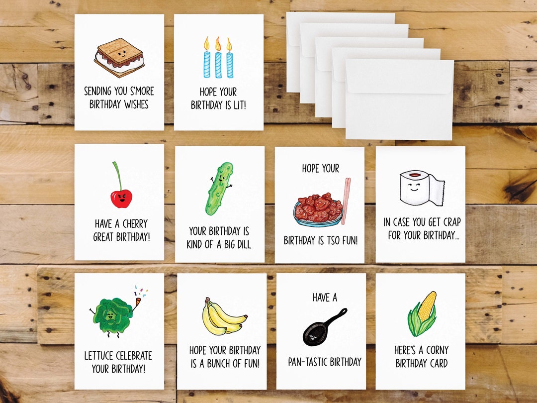 Hand Drawn Pun Funny Happy Birthday Cards (10 Pack of Cards, Birthday ...