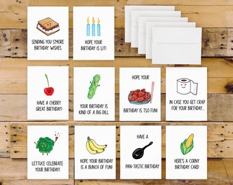 Hand Drawn Pun Funny Happy Birthday Cards (10 Pack of Cards, Birthday ...