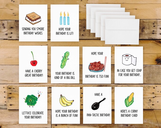 Hand Drawn Pun Funny Happy Birthday Cards (10 Pack of Cards, Birthday ...