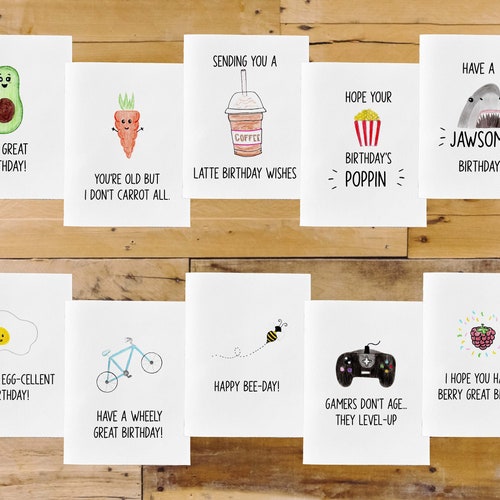 Hand Drawn Pun Funny Happy Birthday Cards 10 Pack of Cards - Etsy
