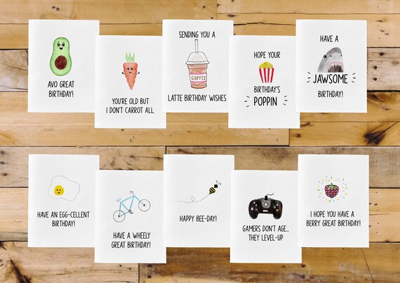 Hand Drawn Pun Funny Birthday Cards 10 Pack of Cards - Etsy