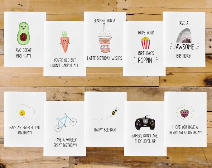 Hand Drawn Pun Funny Birthday Cards 10 Pack of Cards - Etsy