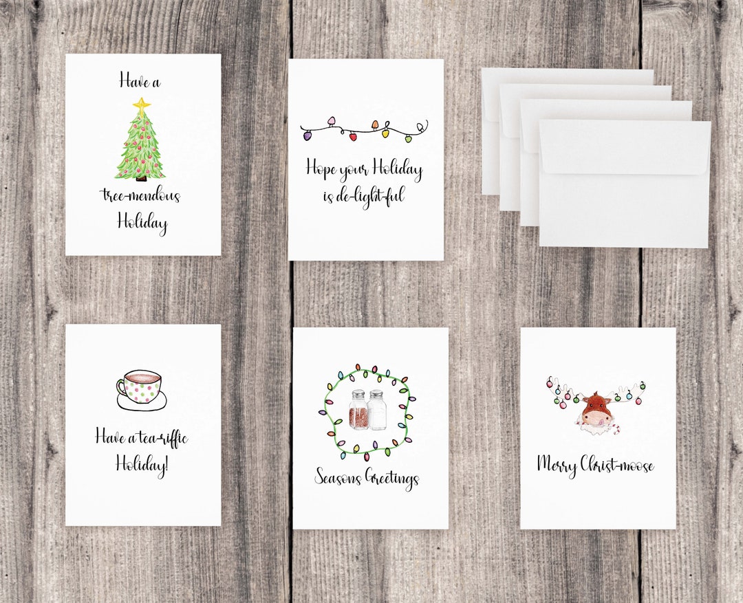 Hand Drawn Funny Holiday Card Puns (10 Pack of Holiday Cards, Holiday ...