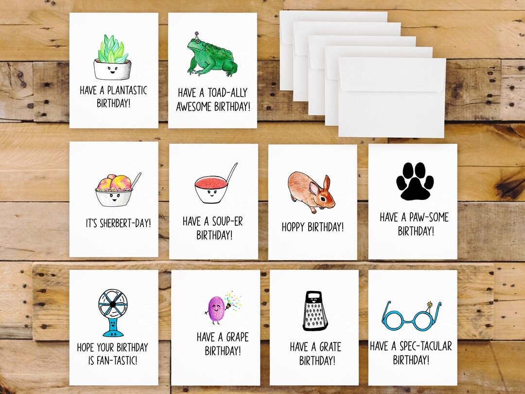 Hand Drawn Pun Funny Happy Birthday Cards (10 Pack of Cards, Birthday ...