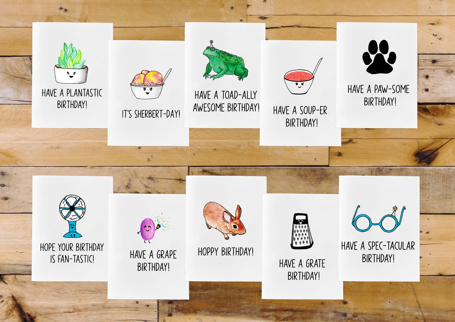 Hand Drawn Pun Funny Happy Birthday Cards 10 Pack of Cards - Etsy