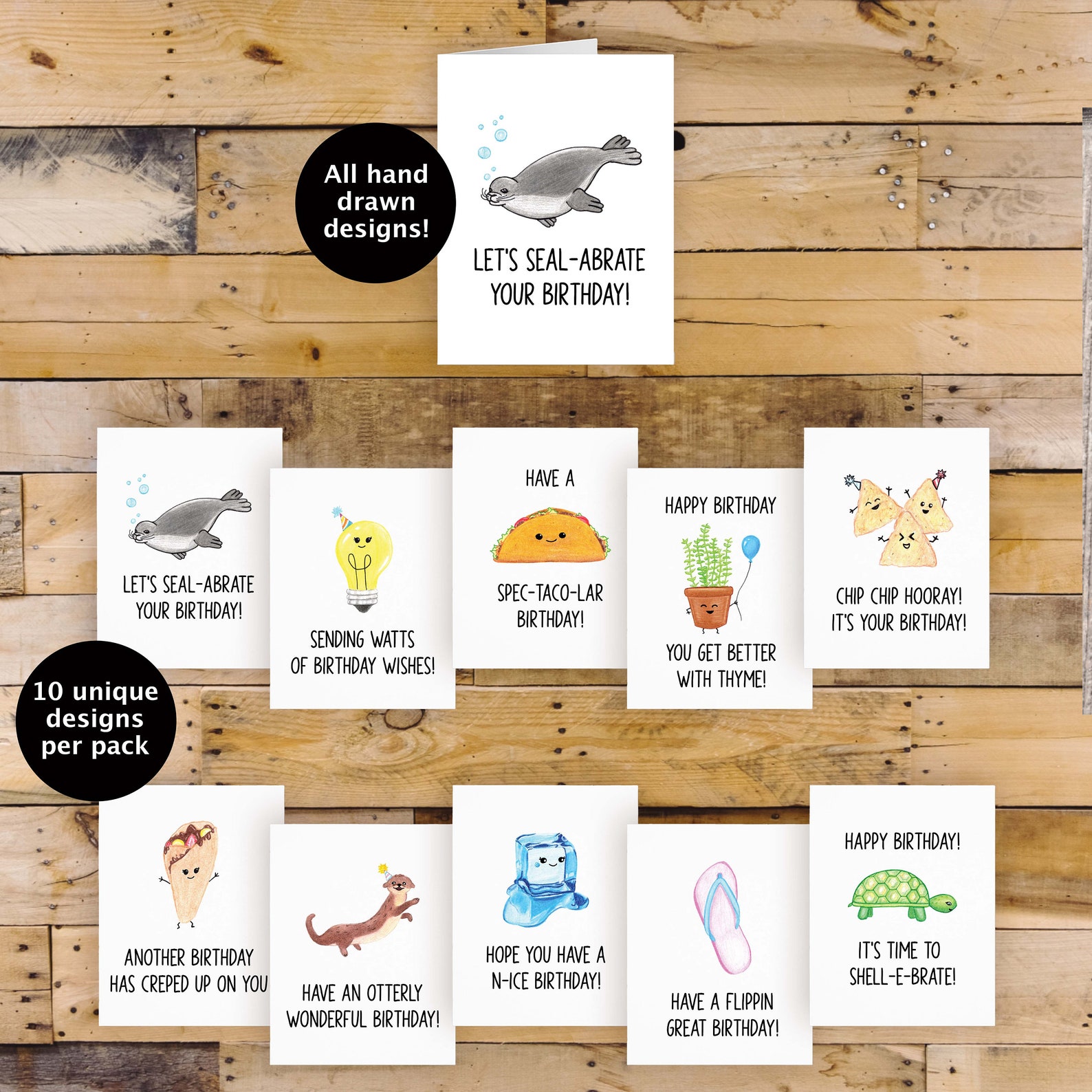 Hand Drawn Pun Funny Happy Birthday Cards (10 Pack of Cards, Birthday ...