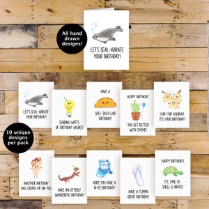 Hand Drawn Pun Funny Happy Birthday Cards (10 Pack of Cards, Birthday ...