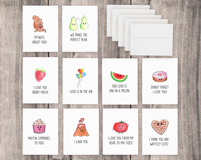 Hand Drawn Cute Anniversary / Valentines Day Pun Cards 10 Pack of Cards ...