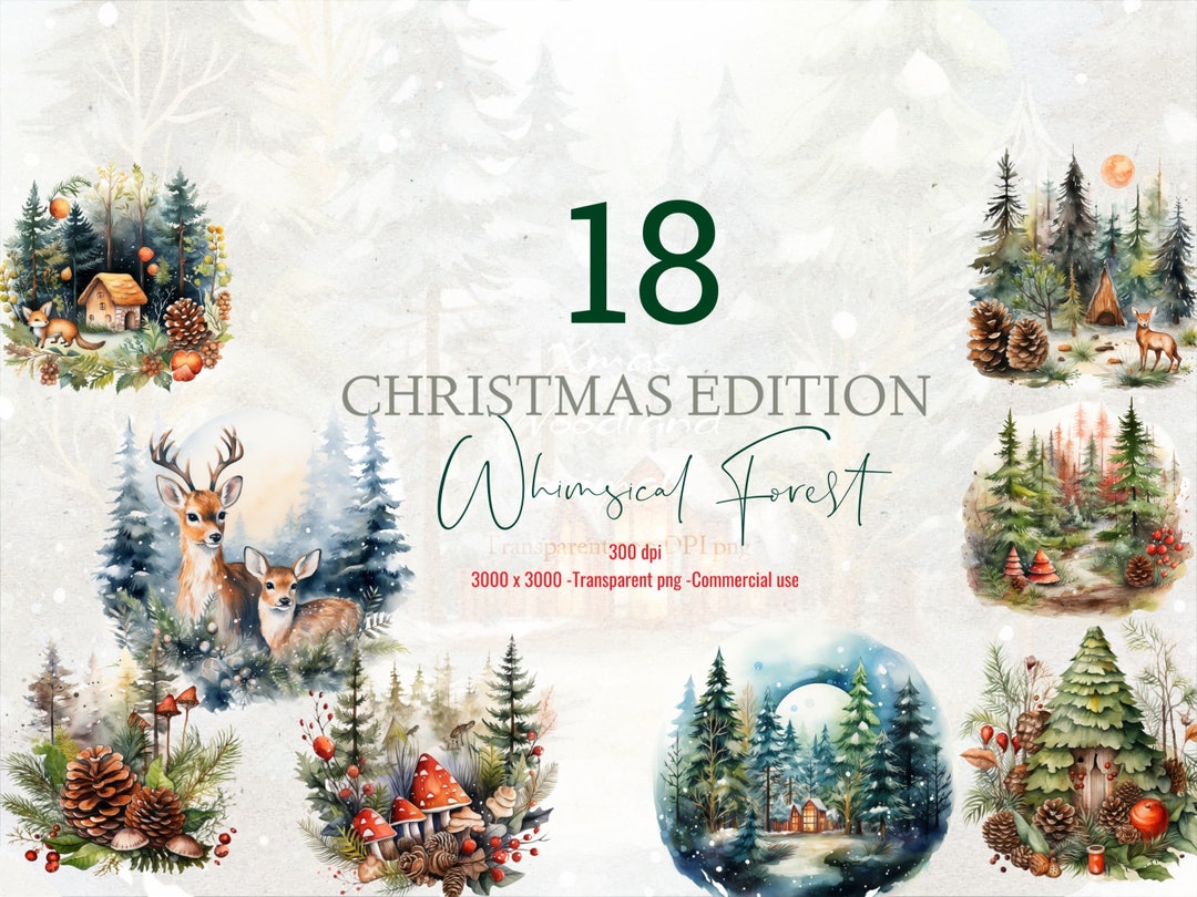 Christmas Clipart Whimsical Forest Watercolor Png Bundle, Xmas Forest ...