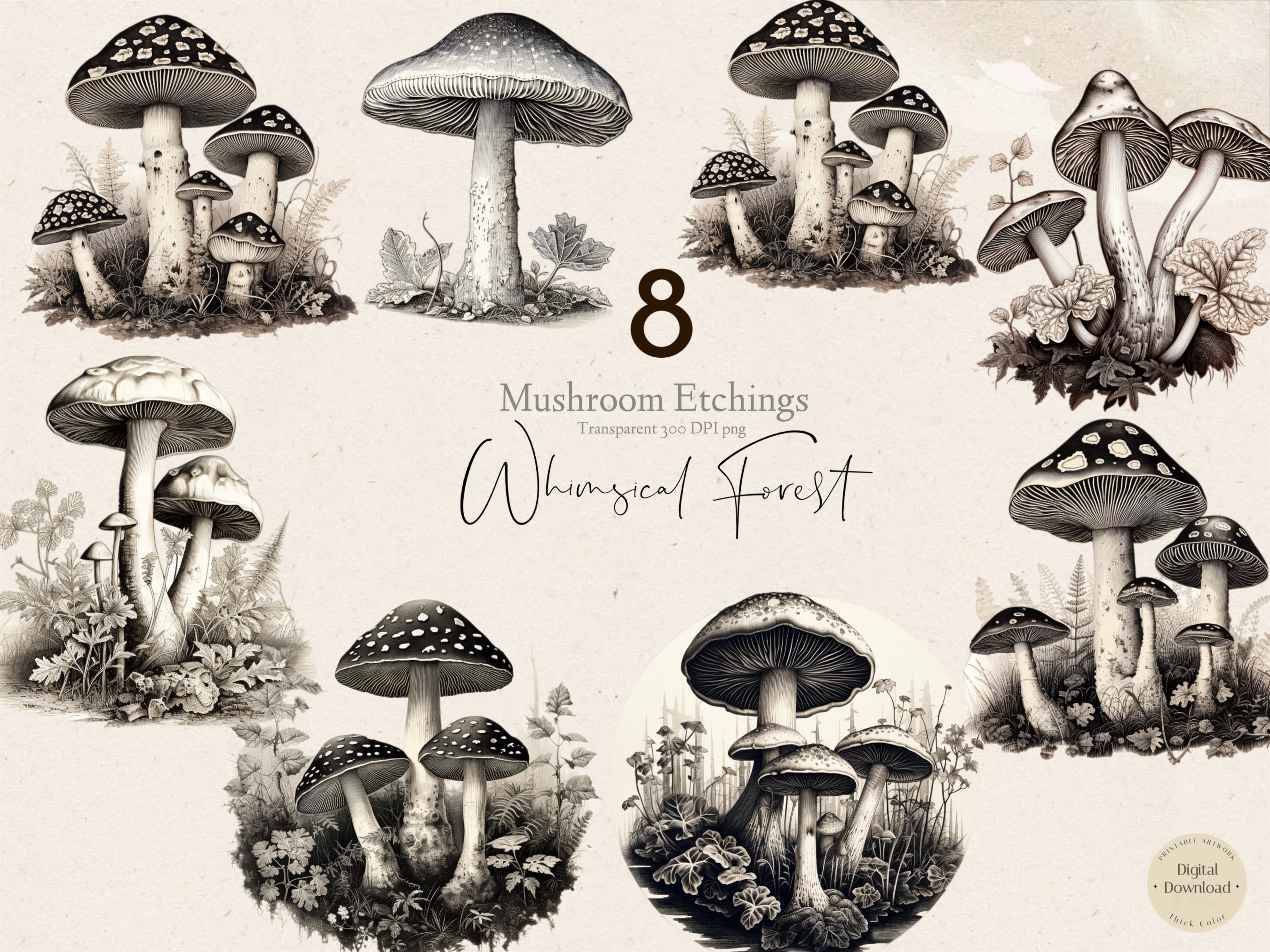 Etched Mushroom Watercolor Clipart Bundle Png Mushroom Clipart ...