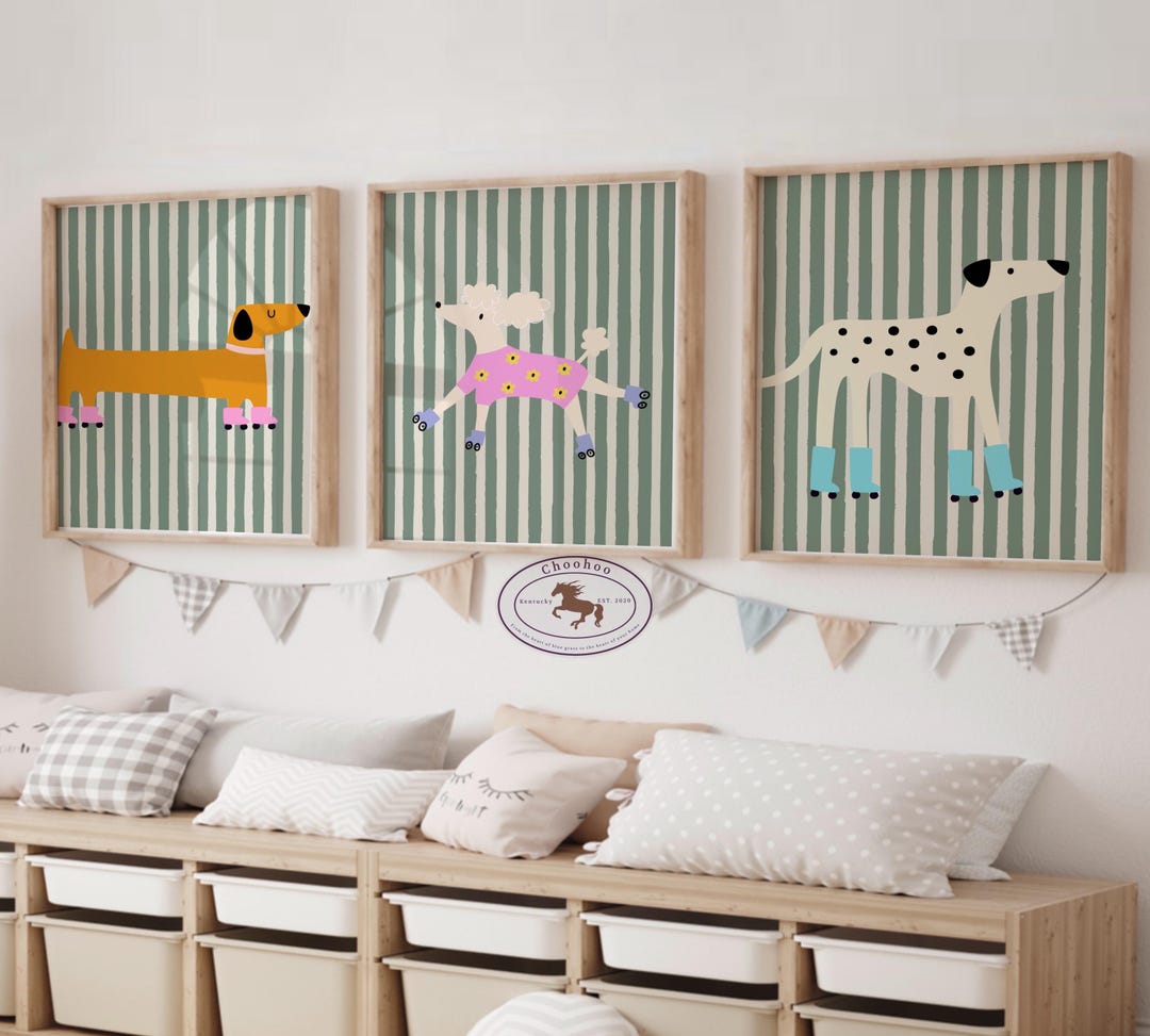 Dog Skates Nursery Print Set: Poodle, Daschund, Dalmatian (canvas Print ...