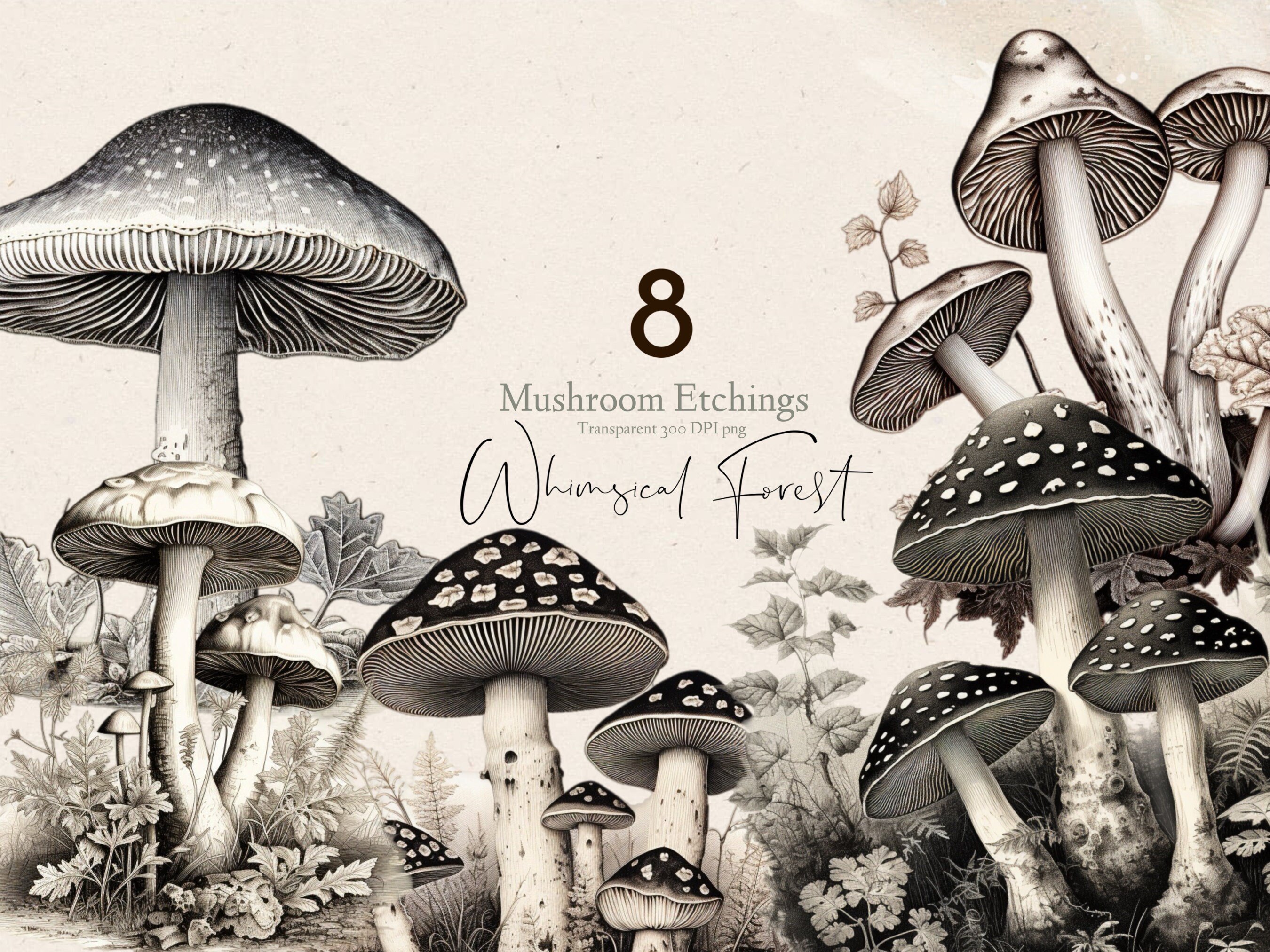Etched Mushroom Watercolor Clipart Bundle Png Mushroom Clipart ...