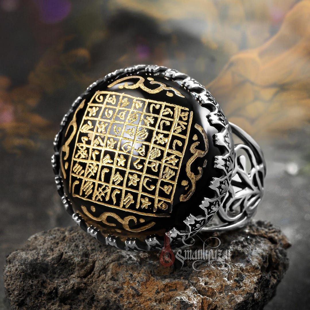 Muslim's Prayer Ring in Silver Engraved Black Agate Islam Ring ...