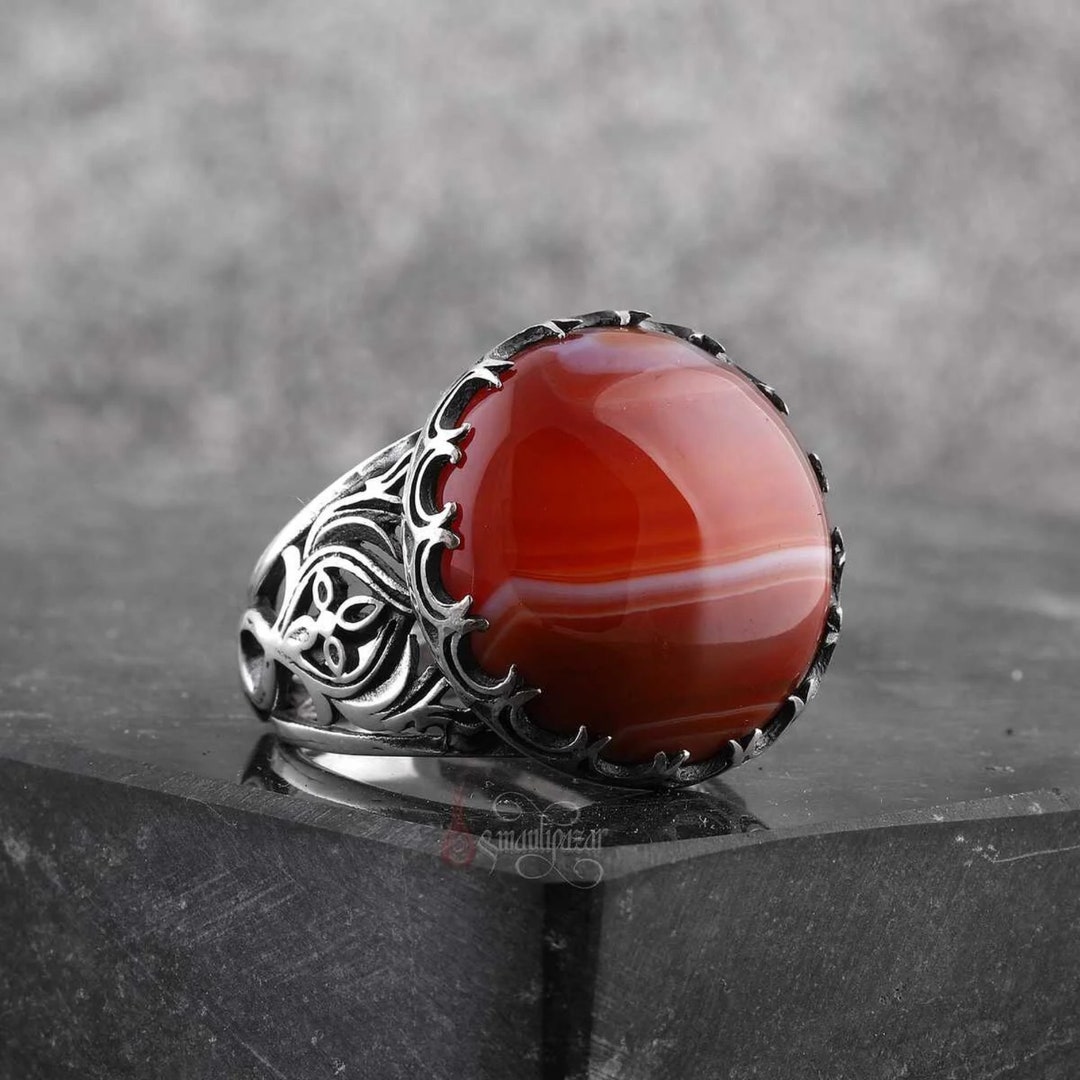 Banded Red Agate Ring With Filigree Band 925 Sterling Silver Carnelian ...