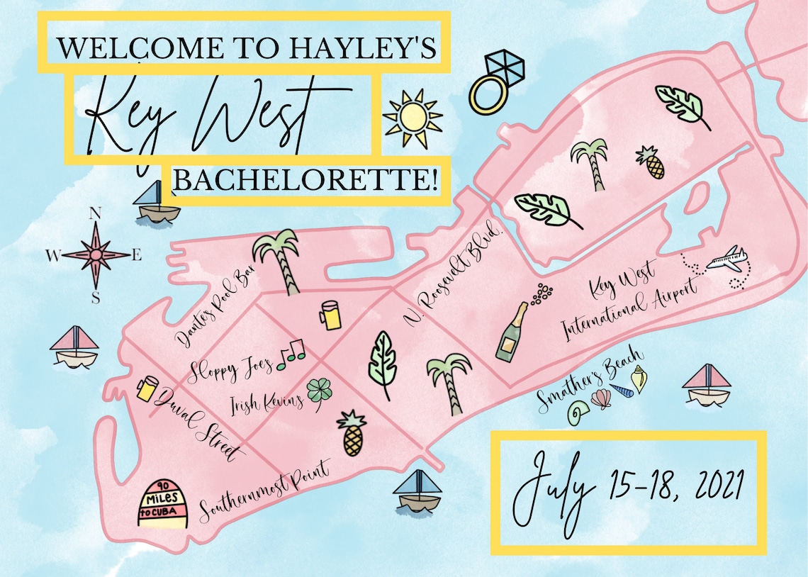 Key West Bachelorette Map Template – Illustrated 5x7 (canva Editable ...