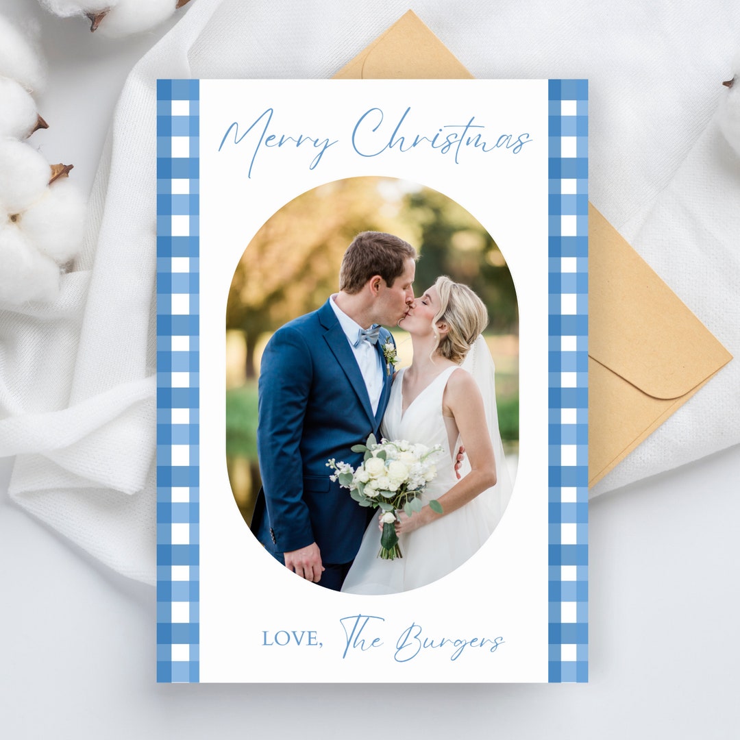 Blue Gingham Christmas Card Template, Holiday Card 5x7 Template Digital ...