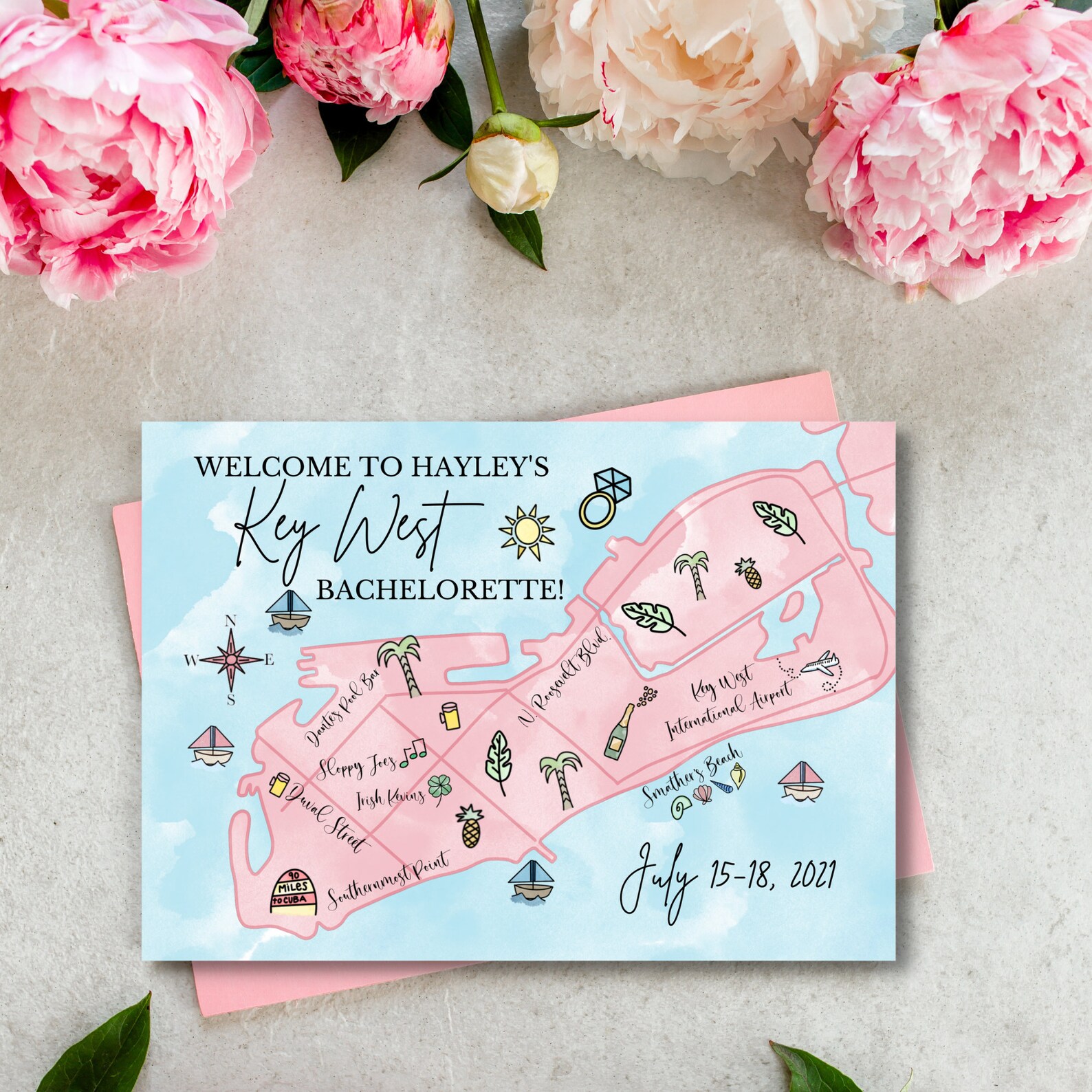 Key West Bachelorette Map Template – Illustrated 5x7 (canva Editable ...