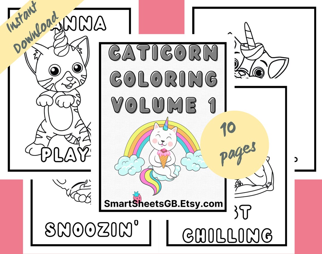 Caticorn Kids Coloring, Cat Unicorn Childrens Colouring, Birthday Party ...