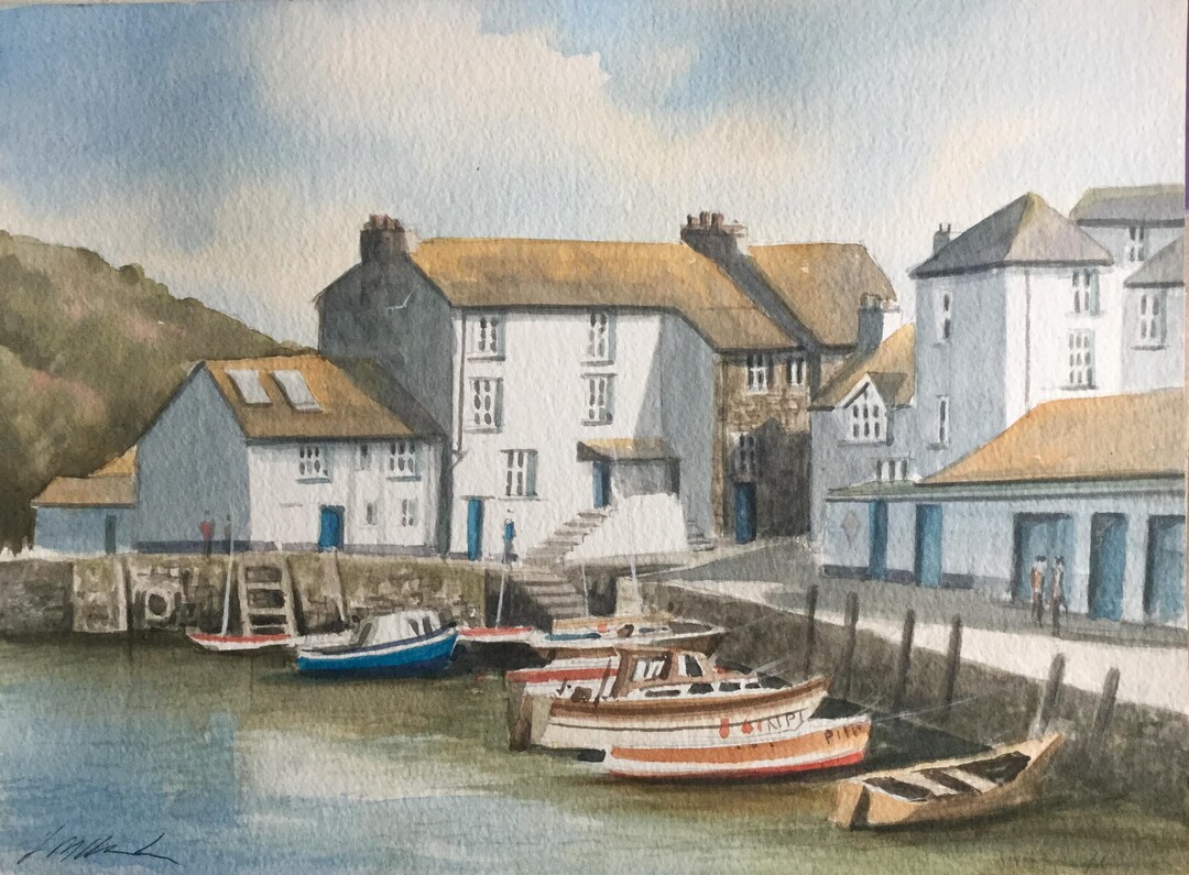 Polperro Harbour Cornwall, Original Watercolour Painting 15 X 11 Inches ...