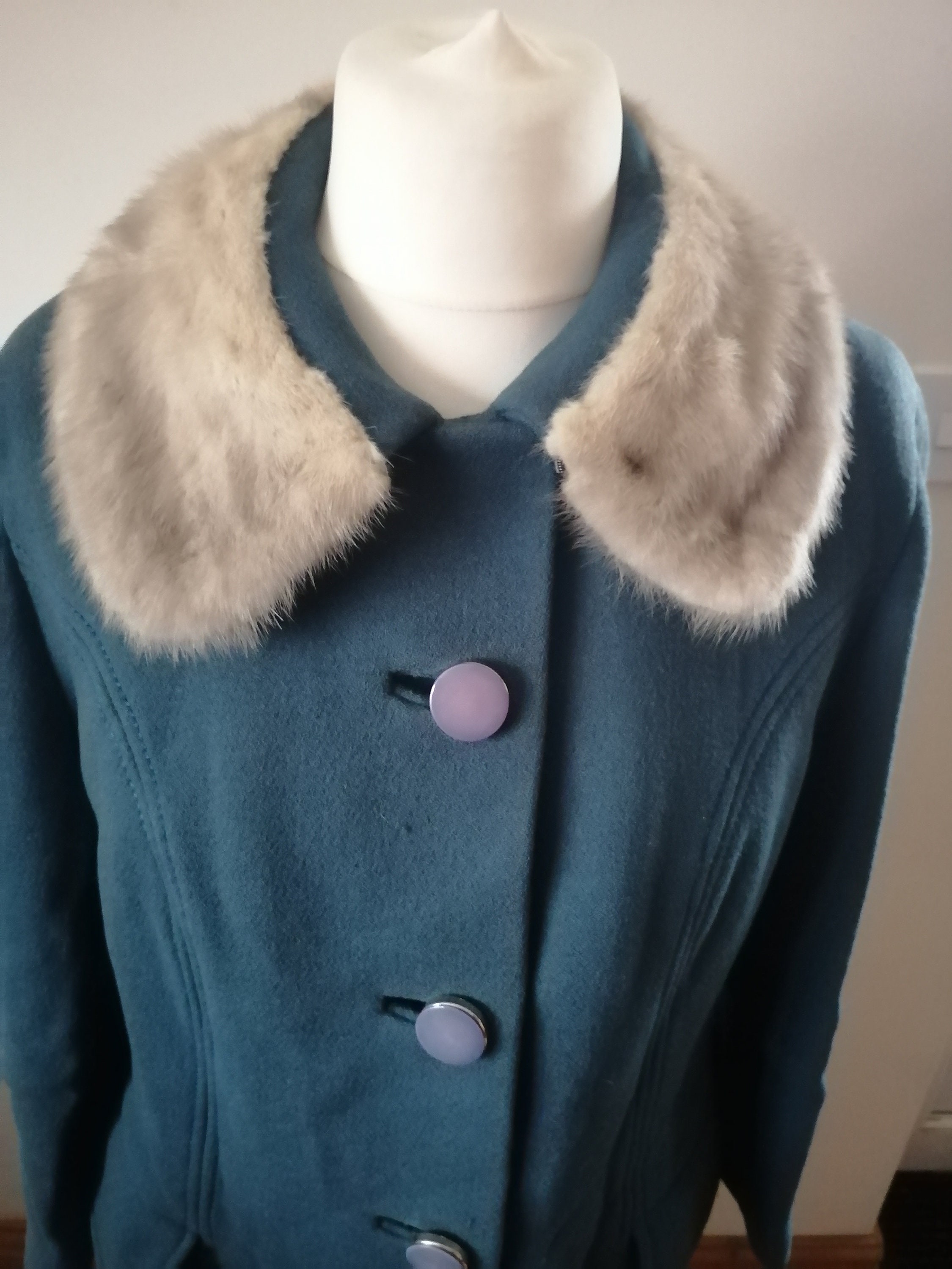 1950's Teal Wool Coat With Cream Fur Collar - Etsy UK