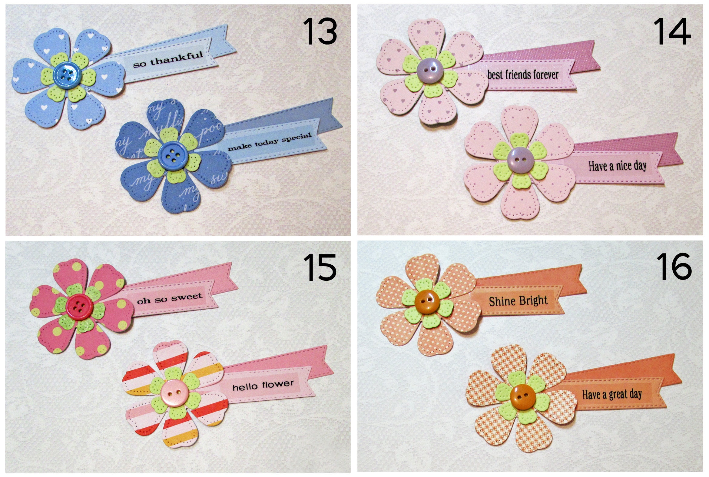 2 Flower Tags With Greeting, Set of 2, Handmade, Planner, Scrapbooking ...