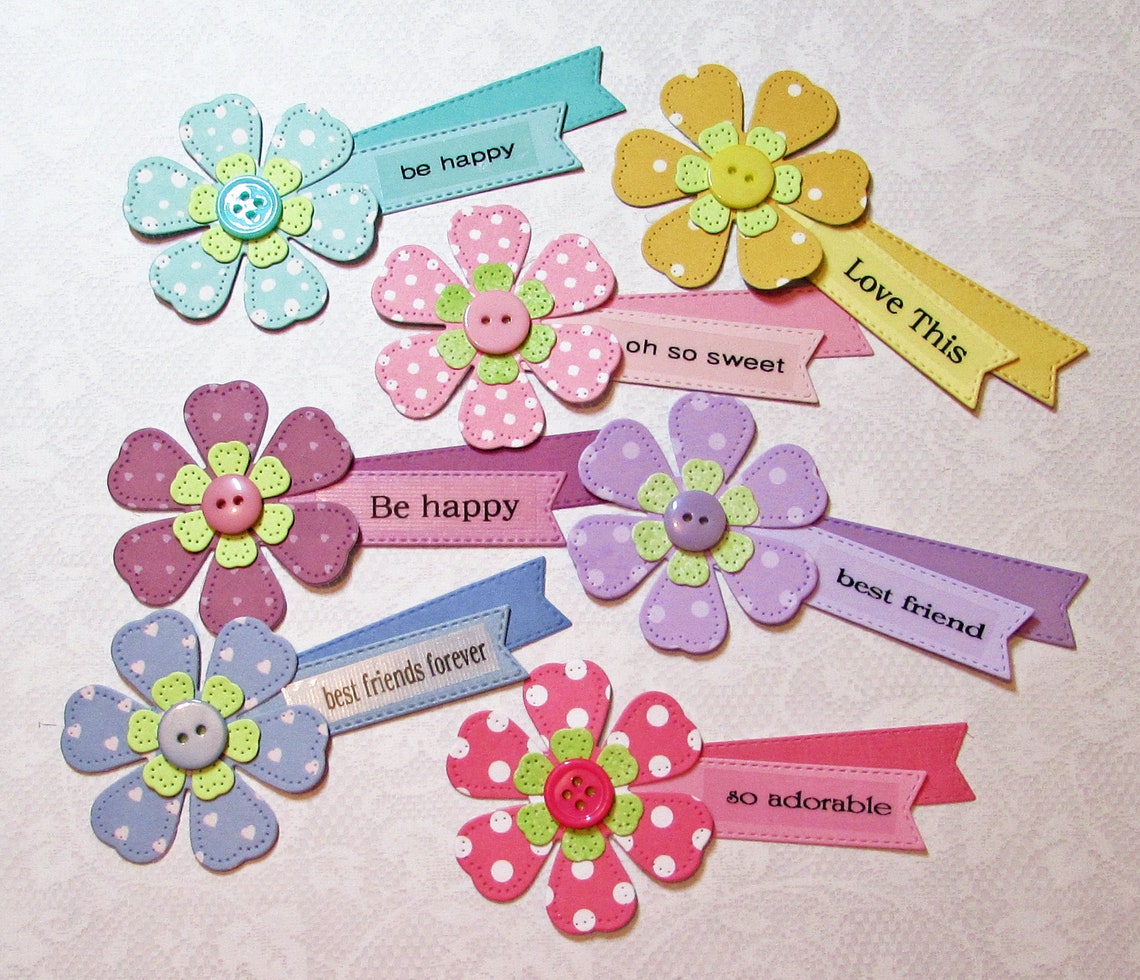 2 Flower Tags With Greeting, Set of 2, Handmade, Planner, Scrapbooking ...