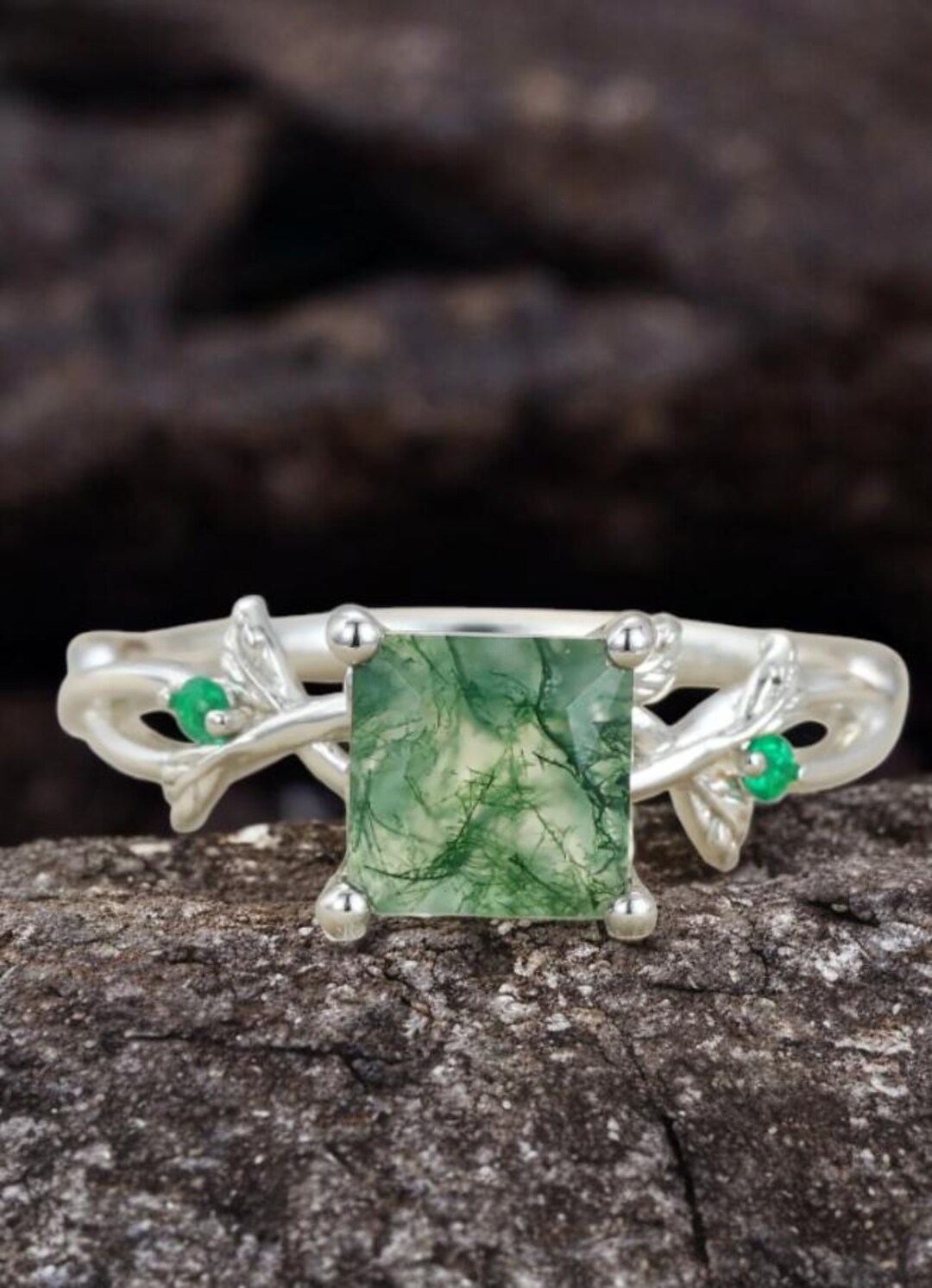 Princess Cut Moss Agate Ring: Sterling Silver Engagement Ring - Etsy