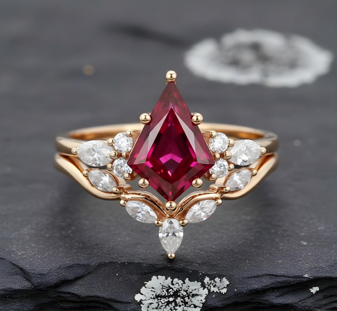 Kite Cut Ruby Engagement Ring, 14K Gold Over Sterling Silver, CZ Accent ...