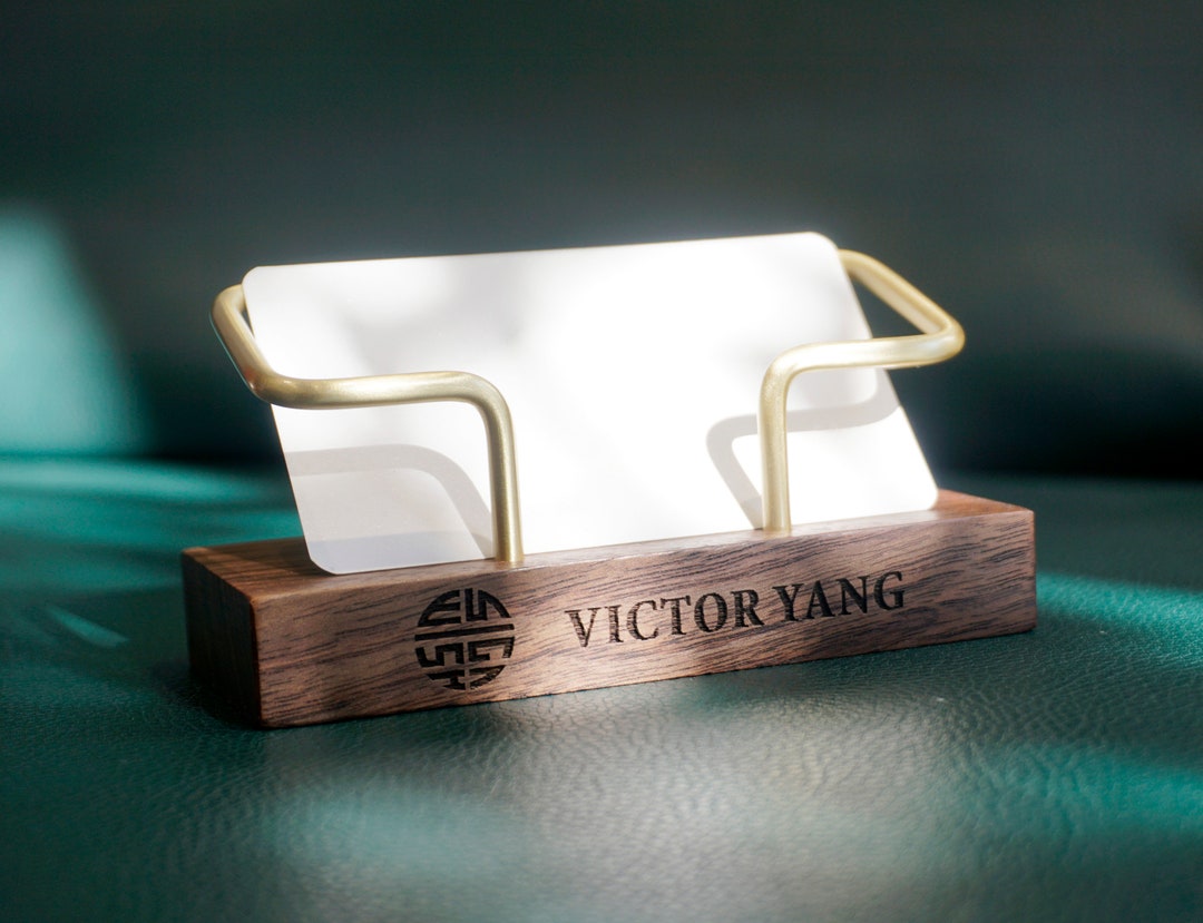 Personalized Wooden Brass Business Card Holder for Desk With Engraving ...