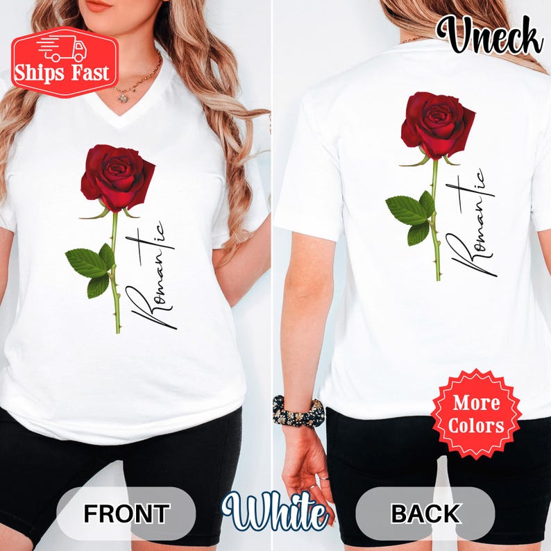 Red Rose Vneck T-shirt for Women, Personalized Romantic Floral Name Tee ...