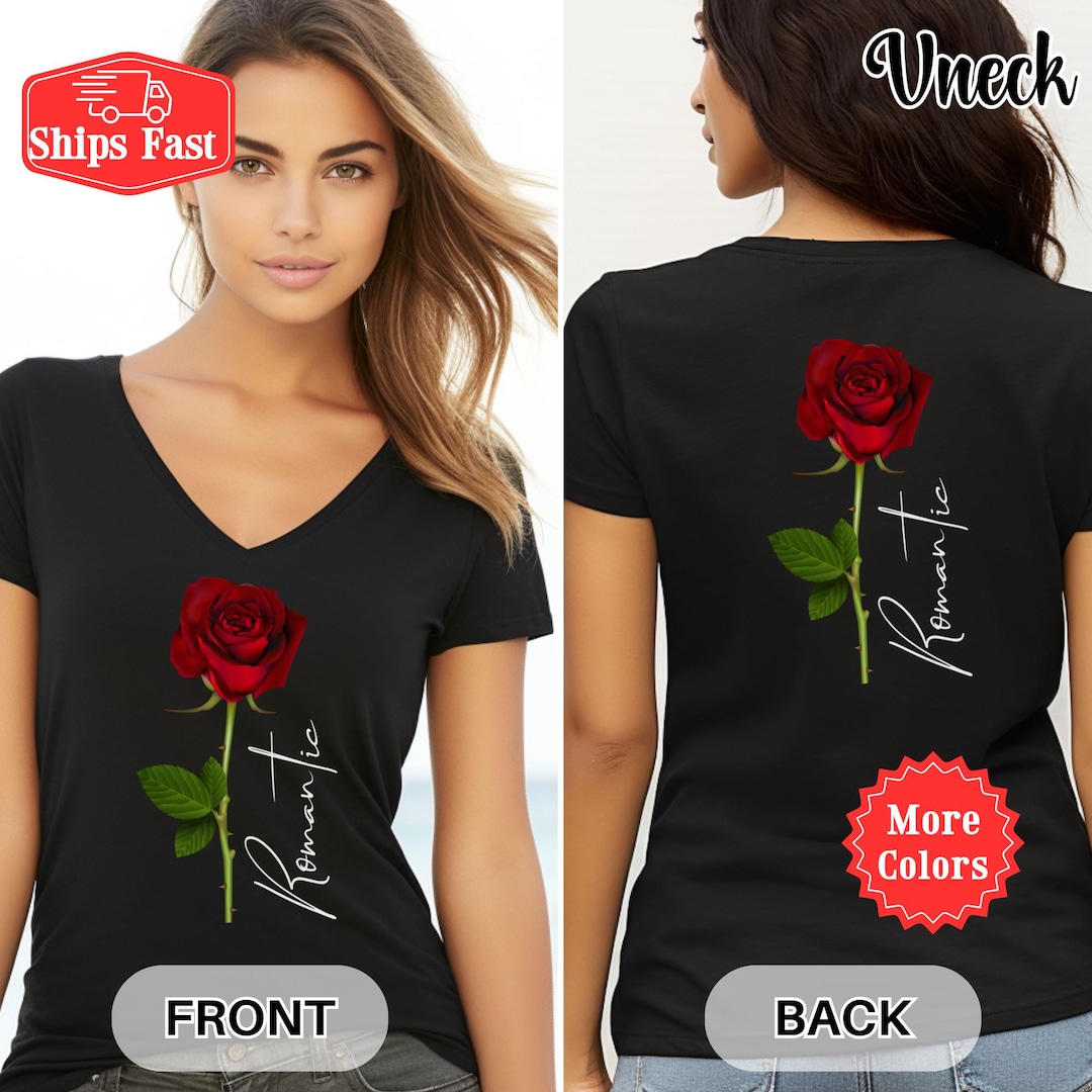 Red Rose Vneck T-shirt for Women, Personalized Romantic Floral Name Tee ...