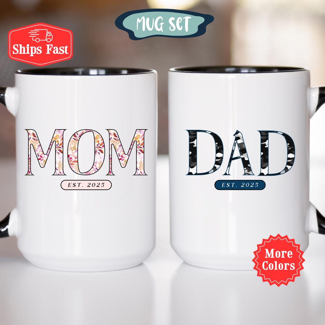 Mom and Dad Est Mug Set, New Parents Gift Mug Set, Personalized ...