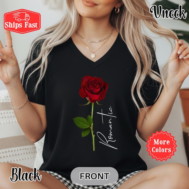 Red Rose Vneck T-shirt for Women, Personalized Romantic Floral Name Tee ...
