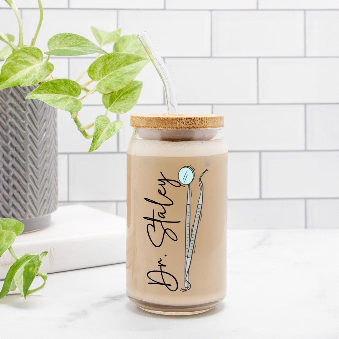 Dentist Gift, Glass Iced Coffee Cup With Name, Gift for Dental Student ...