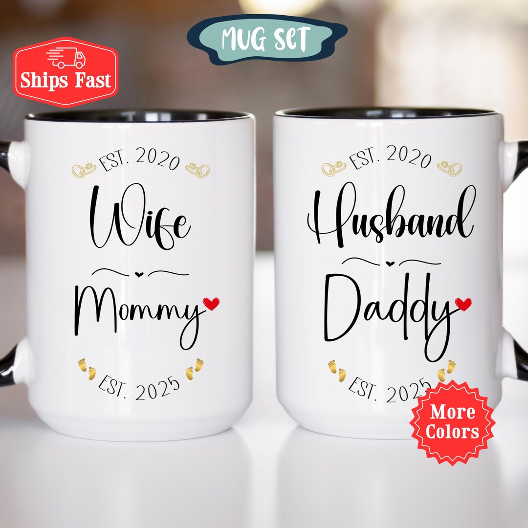 New Parents Gift Mug Set, Personalized New Mommy and Daddy Mugs, Est ...