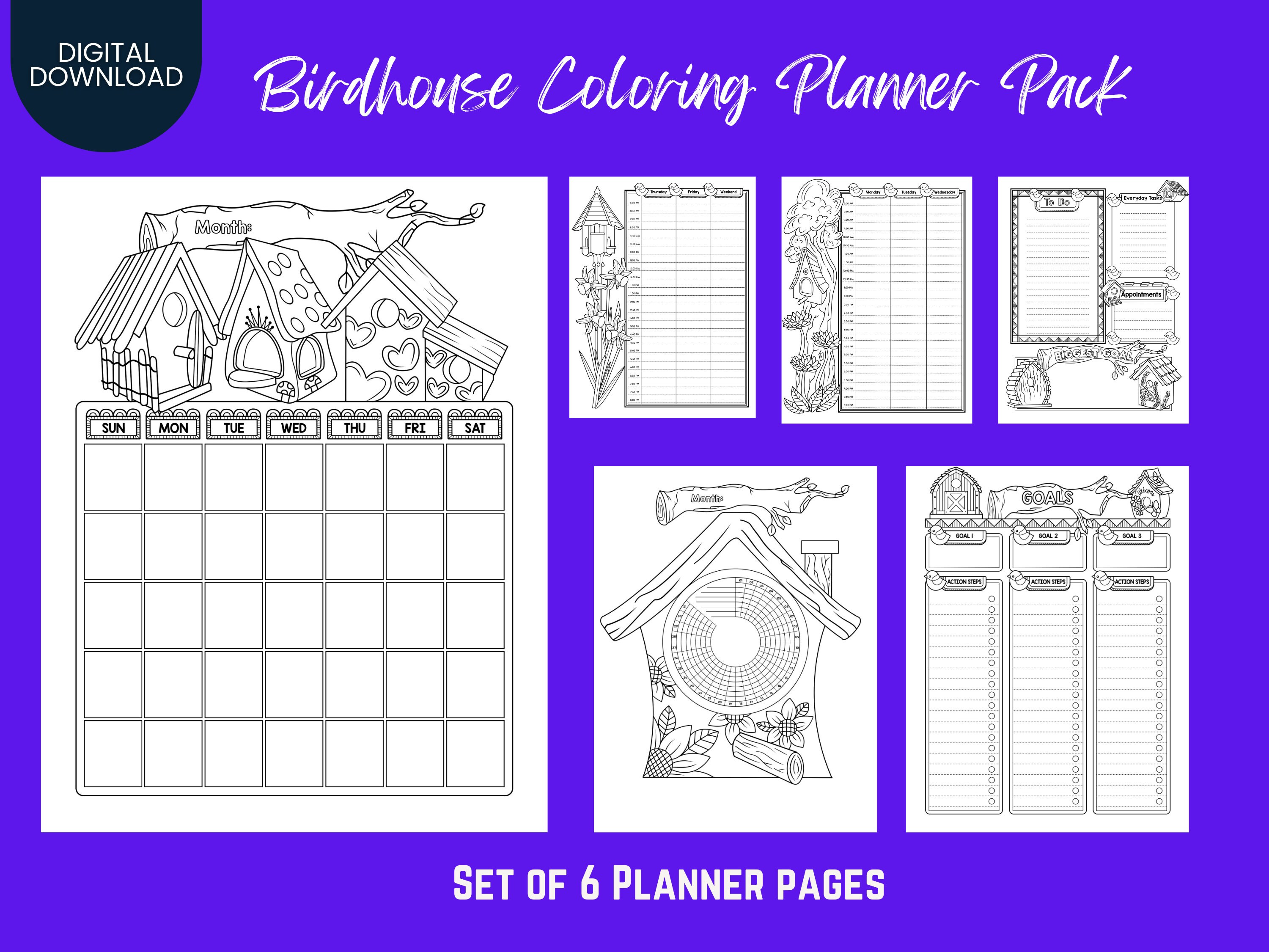 Birdhouse-themed Coloring Planner, Monthly Planner, Weekly Planner ...