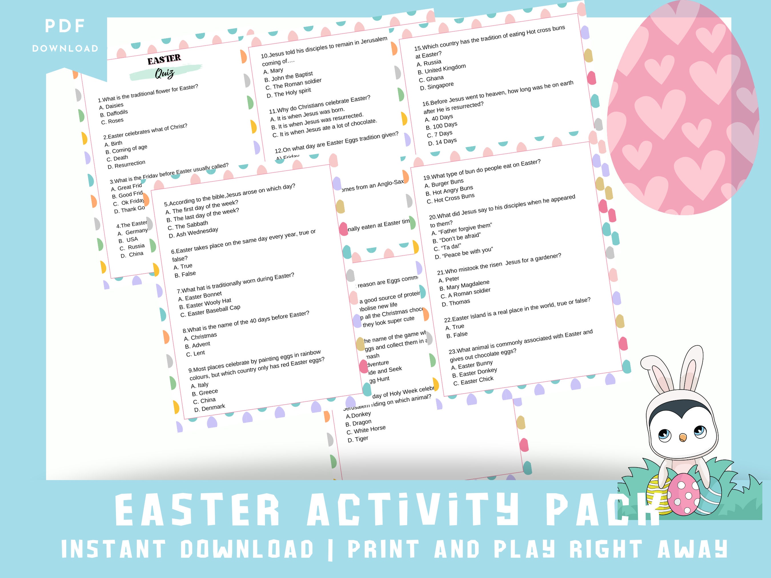 Easter Activity Sheet Set, Printable Activity Pages, Easter Trivia ...