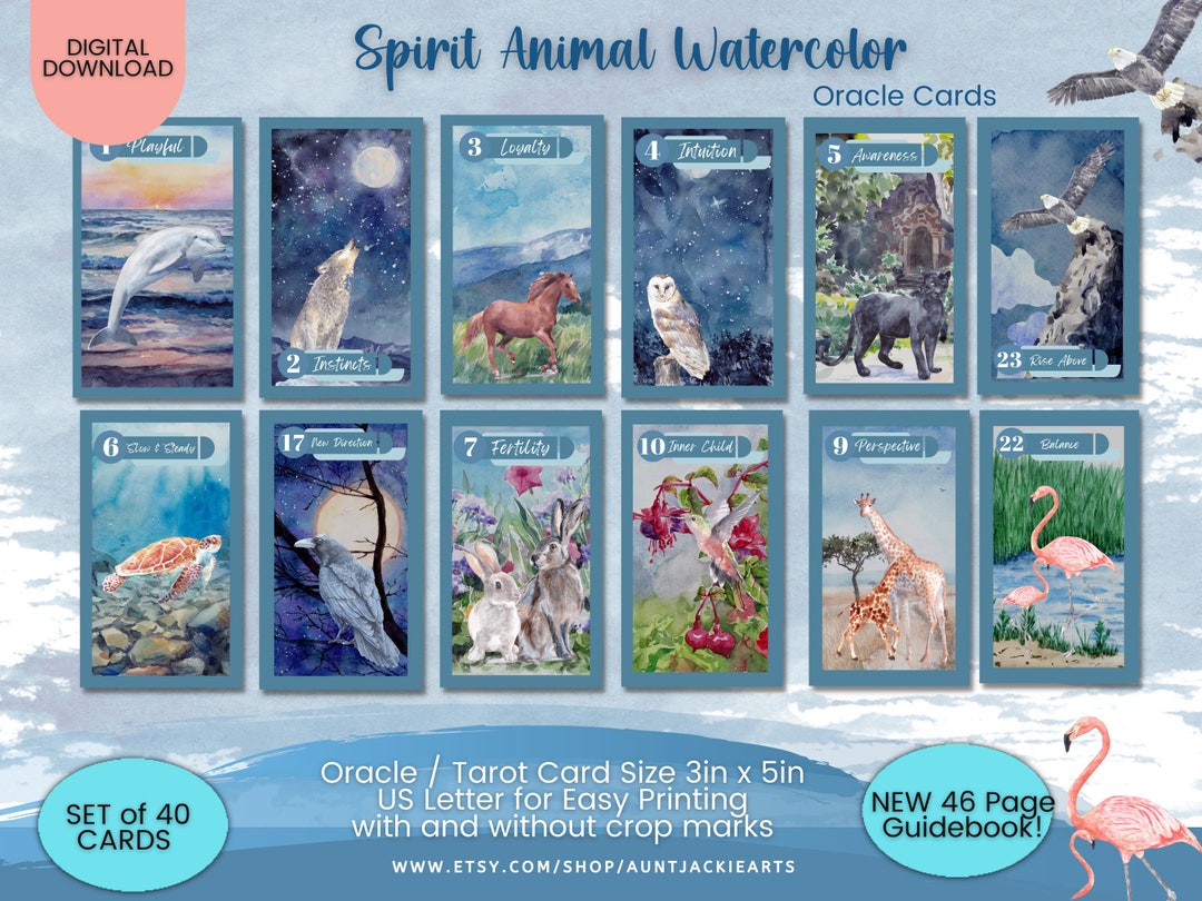 PRINTABLE CARD Deck Spirit Animal Watercolor Oracle Card Deck Tarot Sized Cards 3x5 US Letter ...