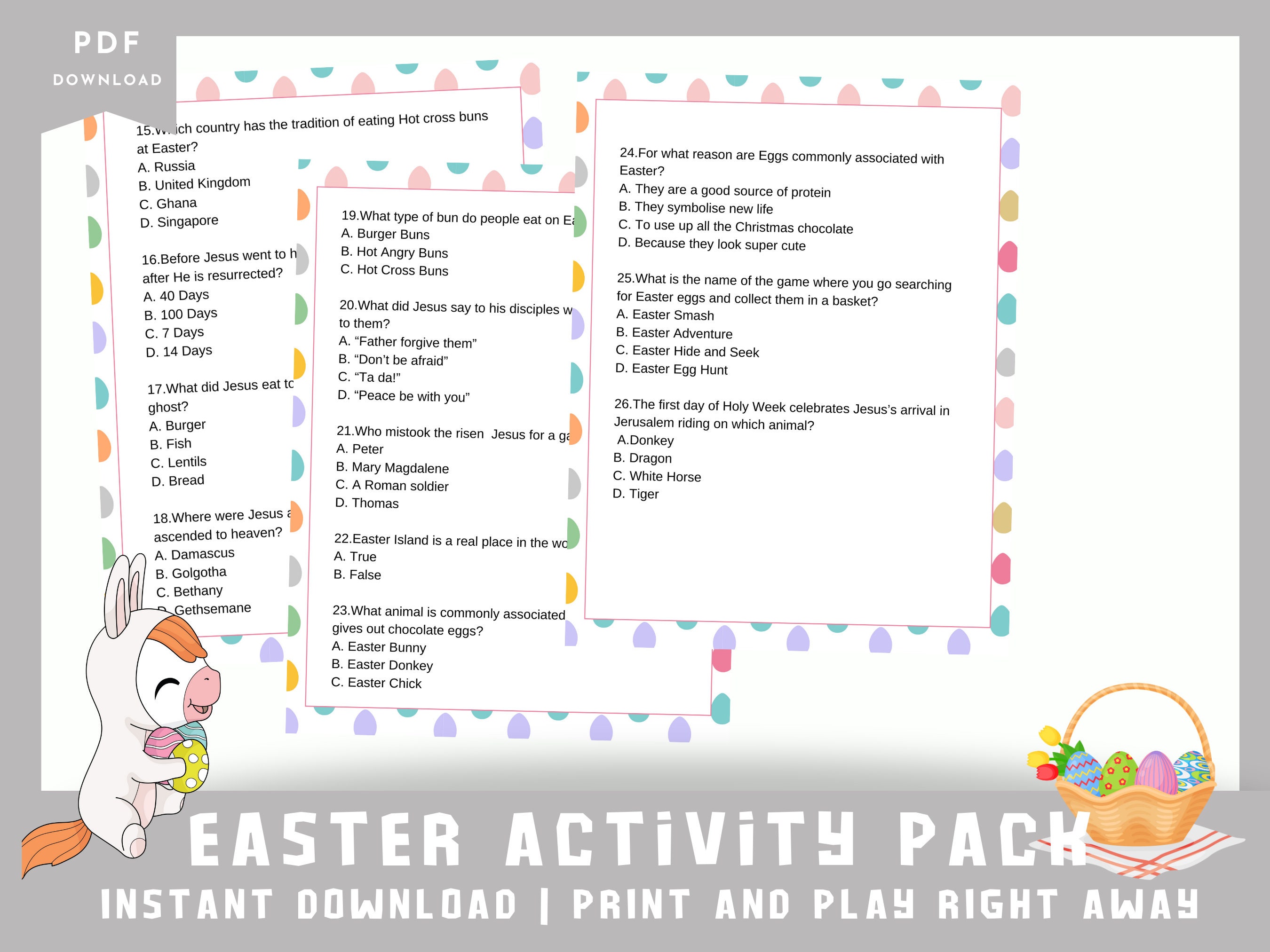 Easter Activity Sheet Set, Printable Activity Pages, Easter Trivia ...